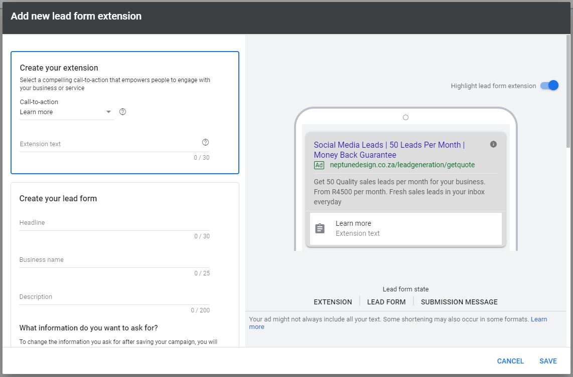 How to create a Google ad lead form extension - Neptune Design